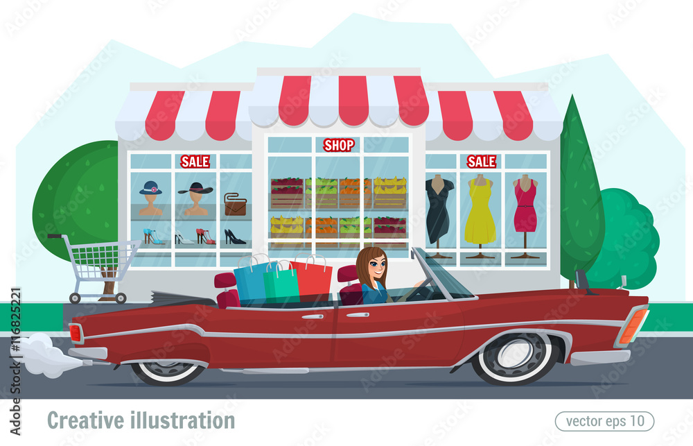 Girl rides on a red convertible with shopping car driving on road ...
