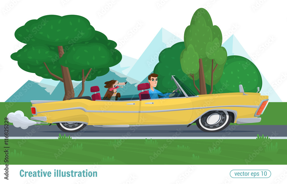 Man rides on a yellow convertible with the dog car driving on road ...