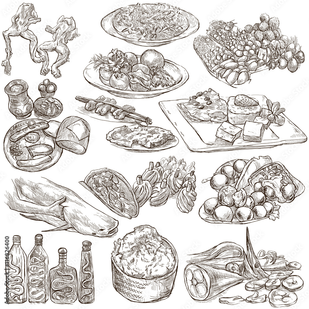 FOOD menu.Cuisine. Cooking. Dish. Collection of an hand drawing ...