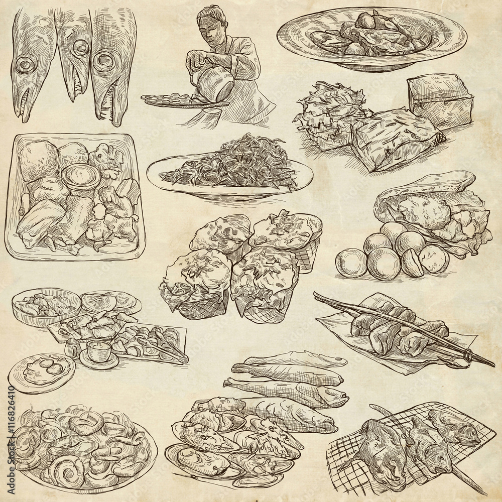 FOOD menu.Cuisine. Cooking. Dish. Collection of an hand drawing ...