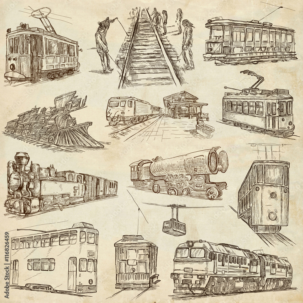 On rails. Train and tram.Transport. Collection of an hand drawing ...