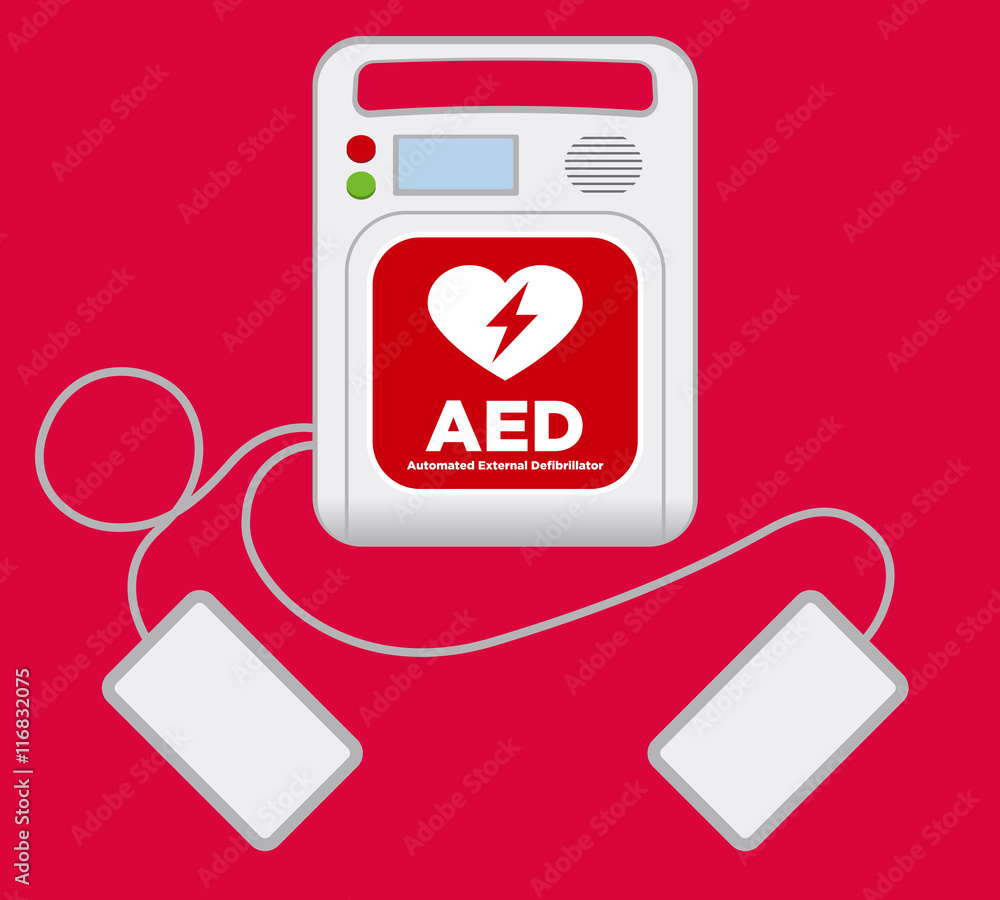 AED(Automated External Defibrillator), main machine and electrode pads ...