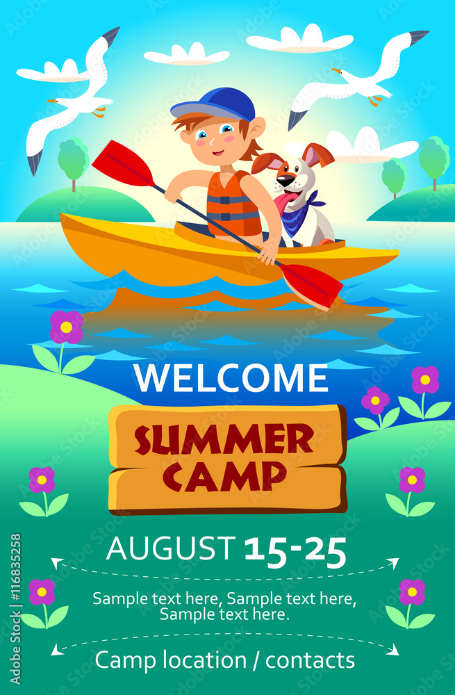 Kid's summer camp poster or flier. Vector illustration in cartoon style ...