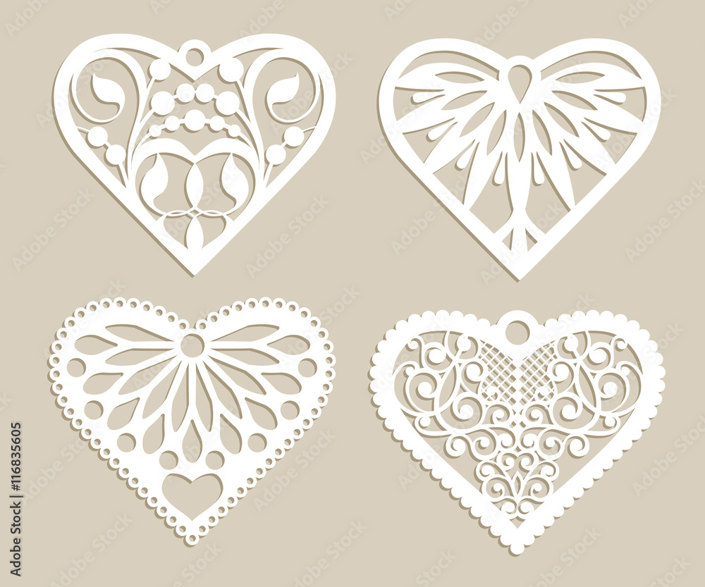 Set stencil lacy hearts with carved openwork pattern. Template for ...