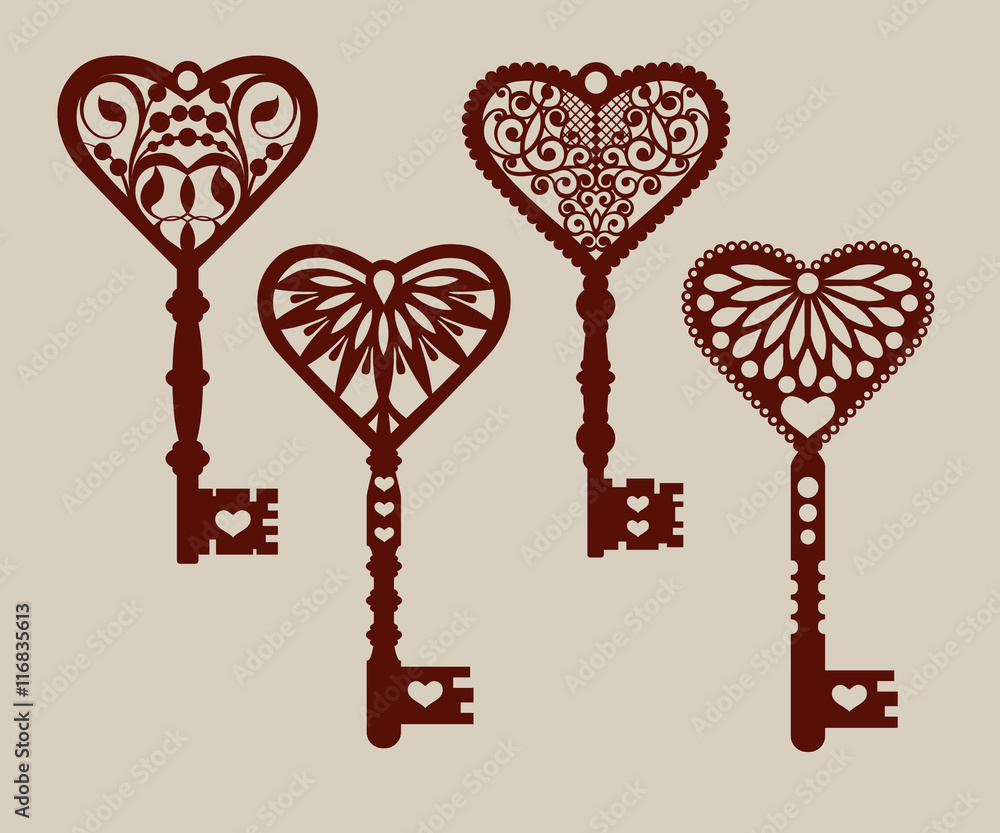 Collection of templates of decorative keys for laser cutting, paper ...