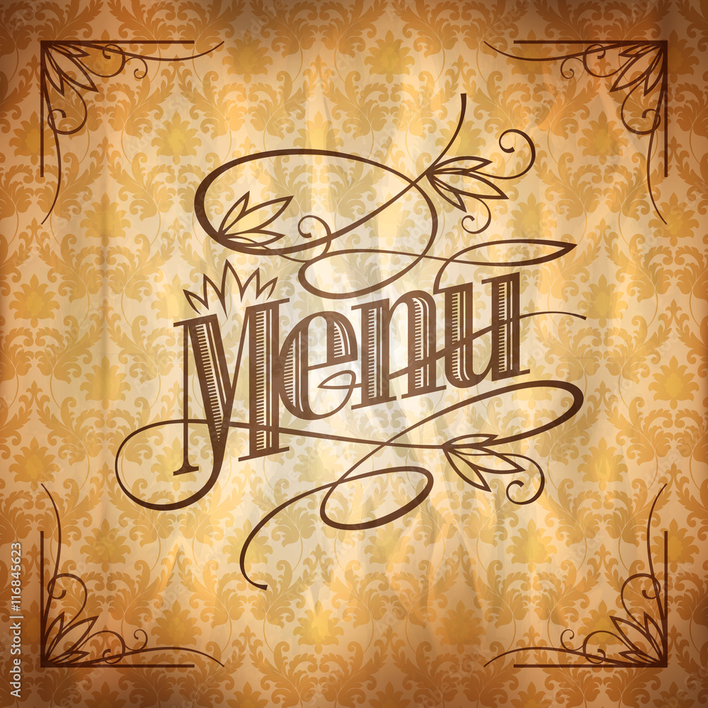 Vintage style restaurant menu floral design, against chic retro damask ...