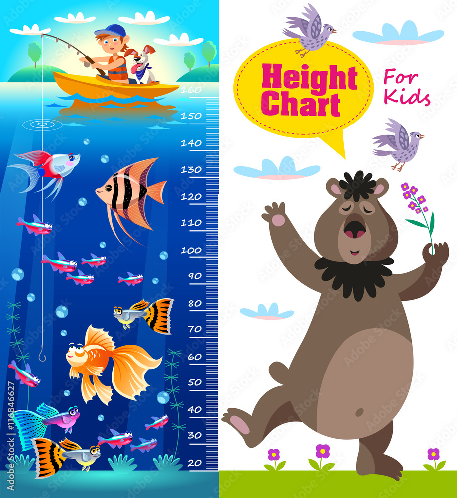 Kids height chart with cartoon fishes and bear. Vector illustration in ...