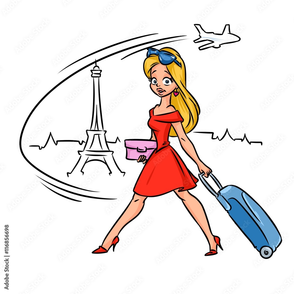 Beautiful blonde girl travel paris france cartoon illustration Stock ...