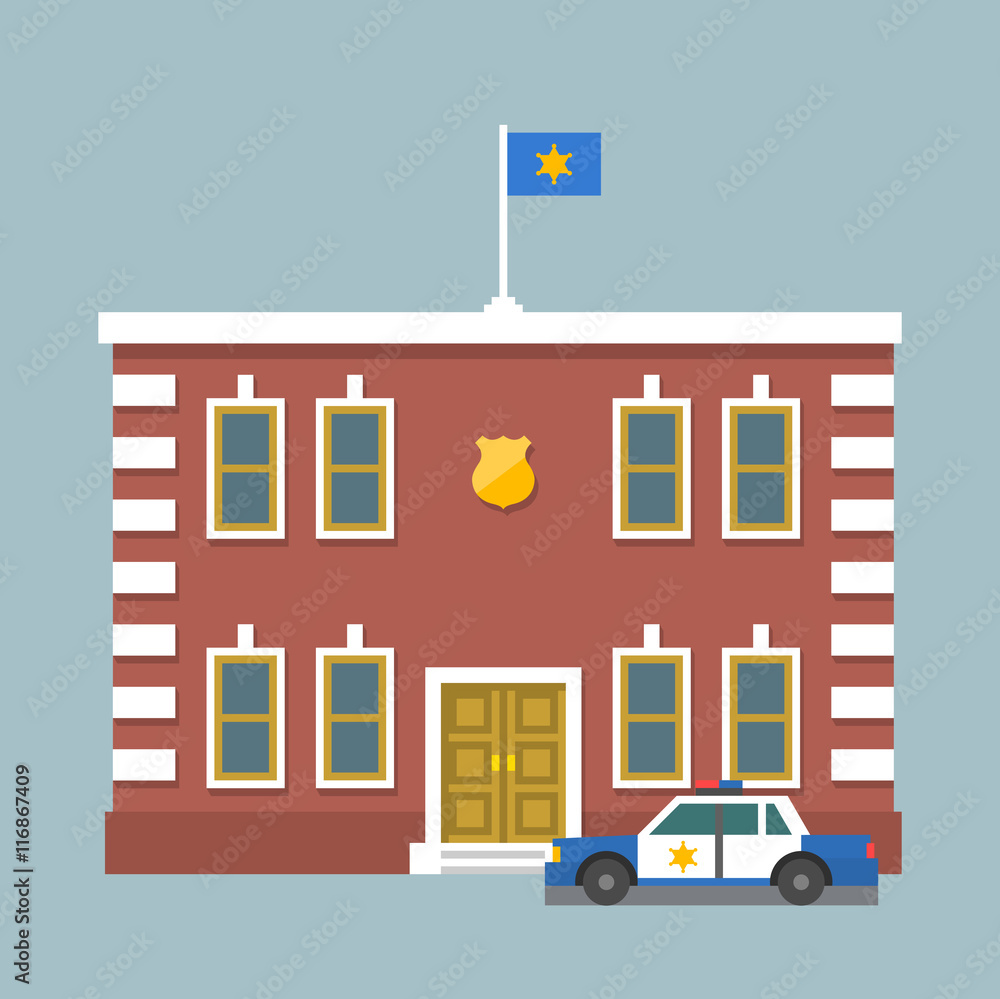 Police station with flag and shield sign. Сity police department red ...