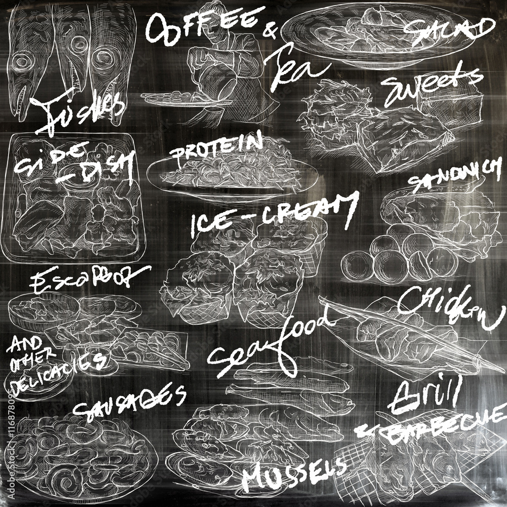 FOOD menu.Cuisine. Cooking. Dish. Collection of hand drawing ...