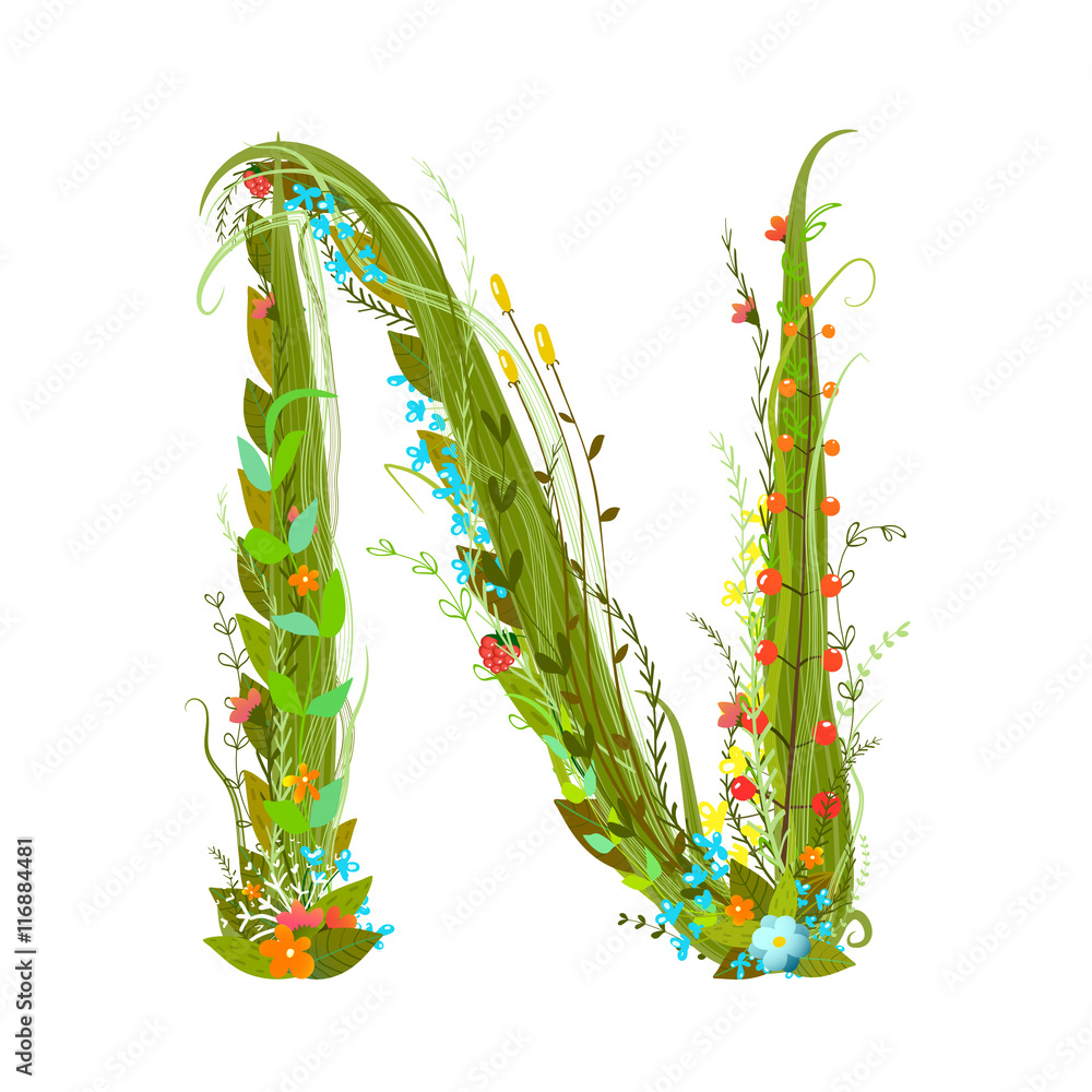 Flower calligraphy floral elegant decorative alphabet letter N Stock ...