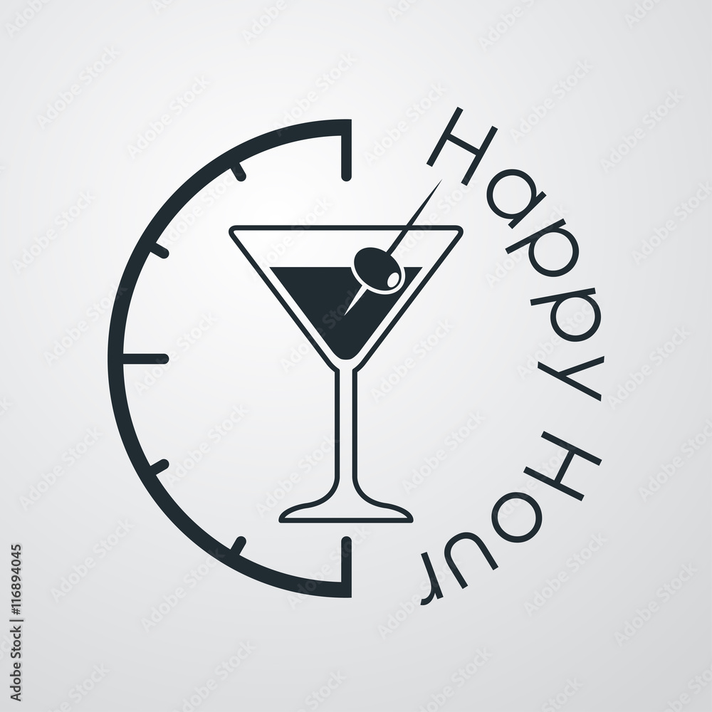 Icono plano Happy Hour con coctel con aceituna sobre fondo degradado ...