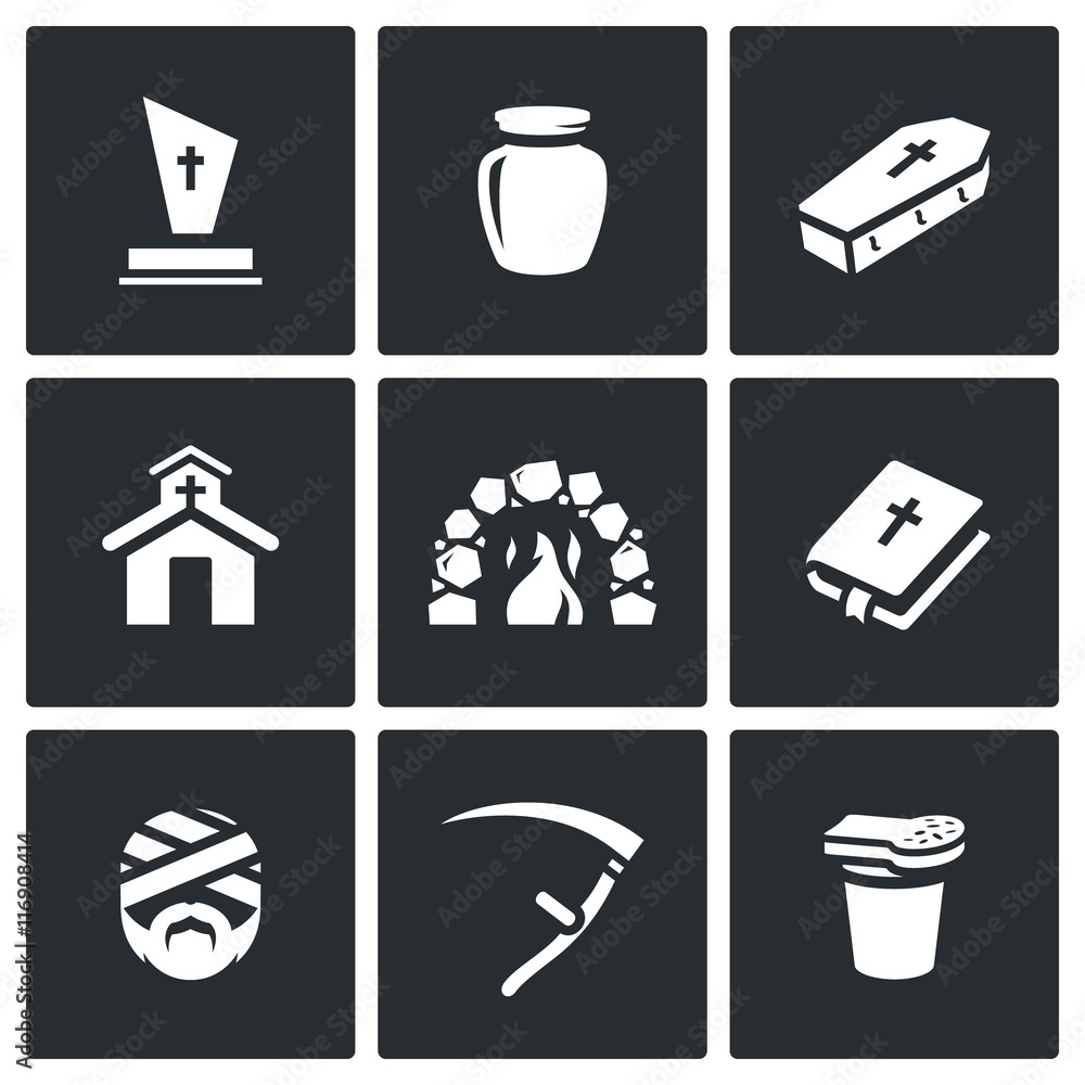 Vector Set of Funeral Icons. Burial, Cremation, Coffin, Church ...