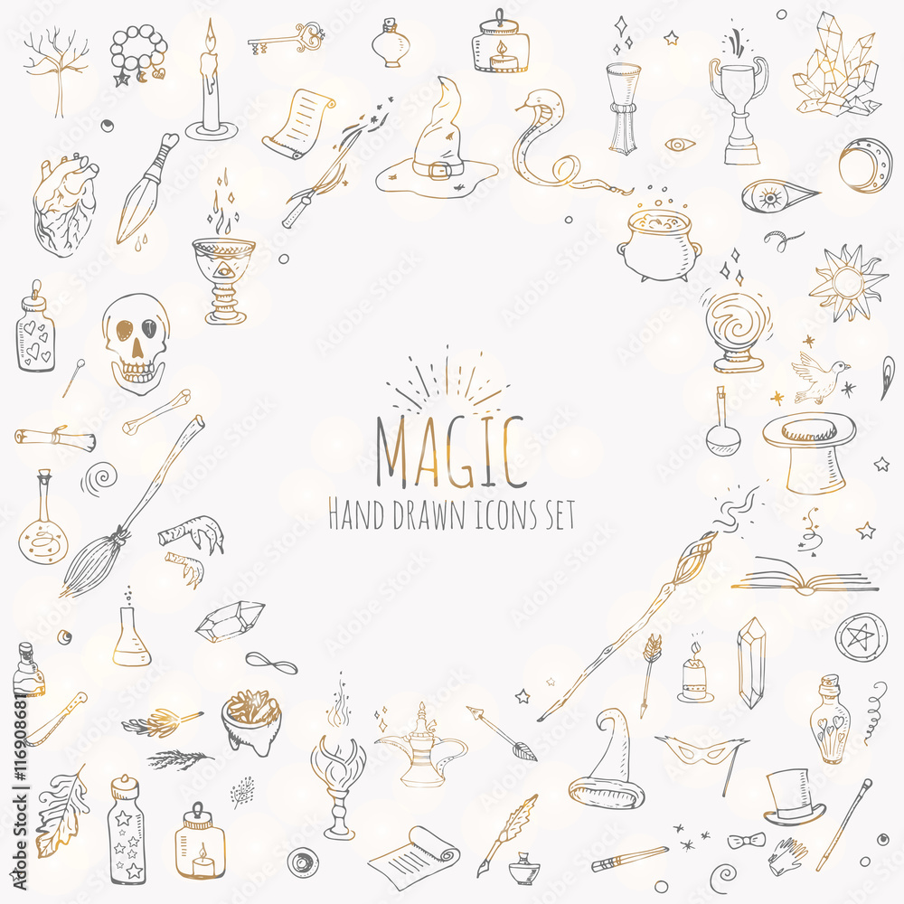 Hand drawn doodle Magic icons set. Vector illustration. Cartoon sorcery ...
