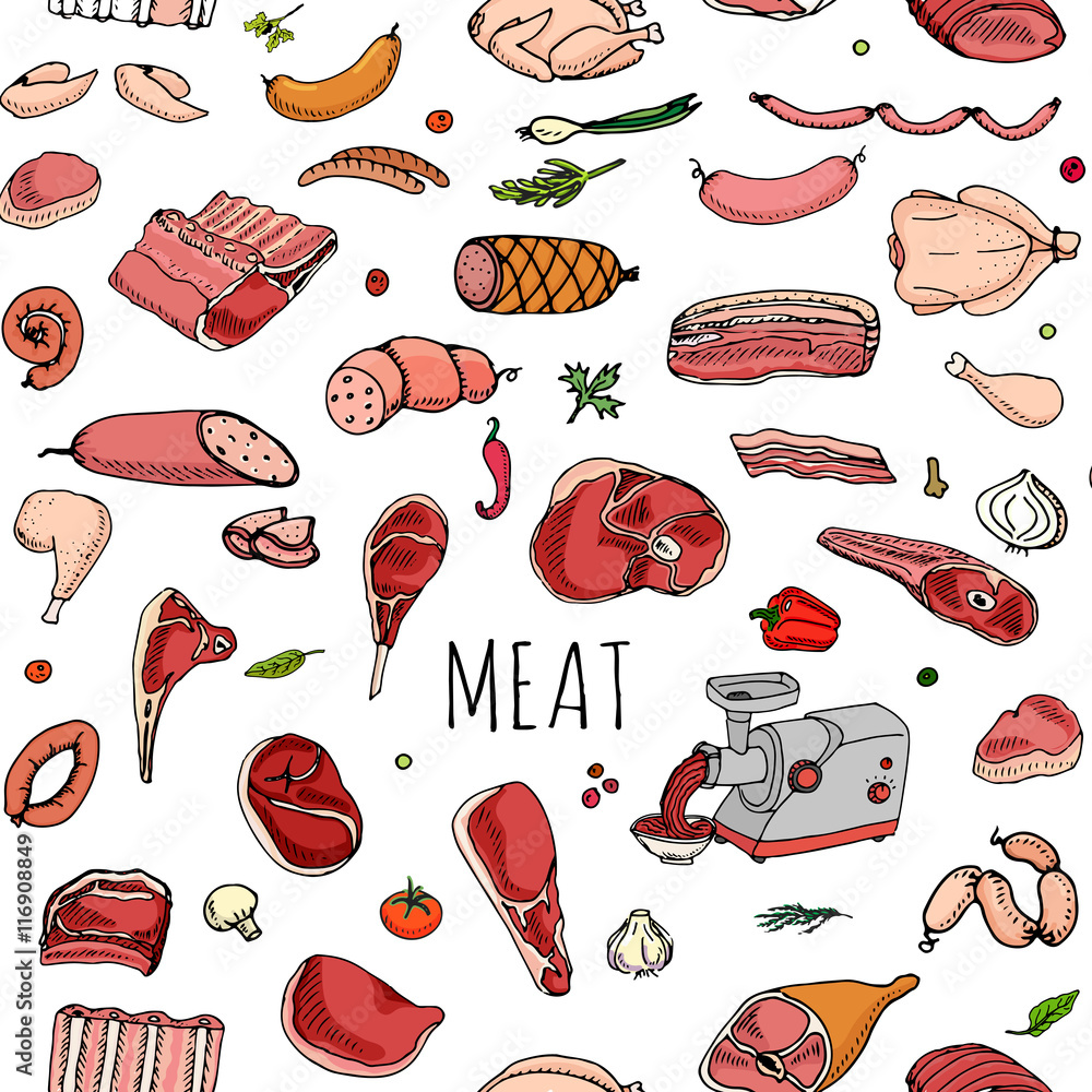 Seamless pattern hand drawn doodle set of cartoon different kind of ...