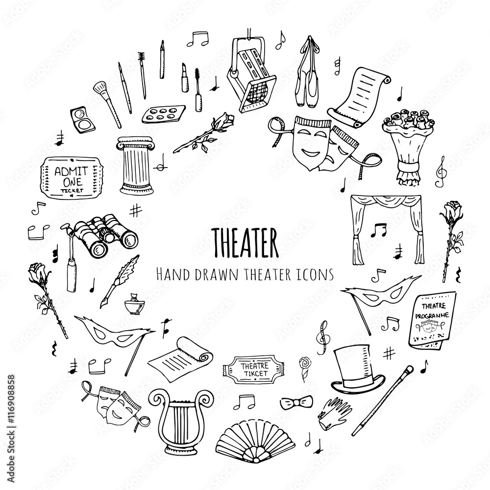 Hand drawn doodle Theater set. Vector illustration. Sketchy artistic ...