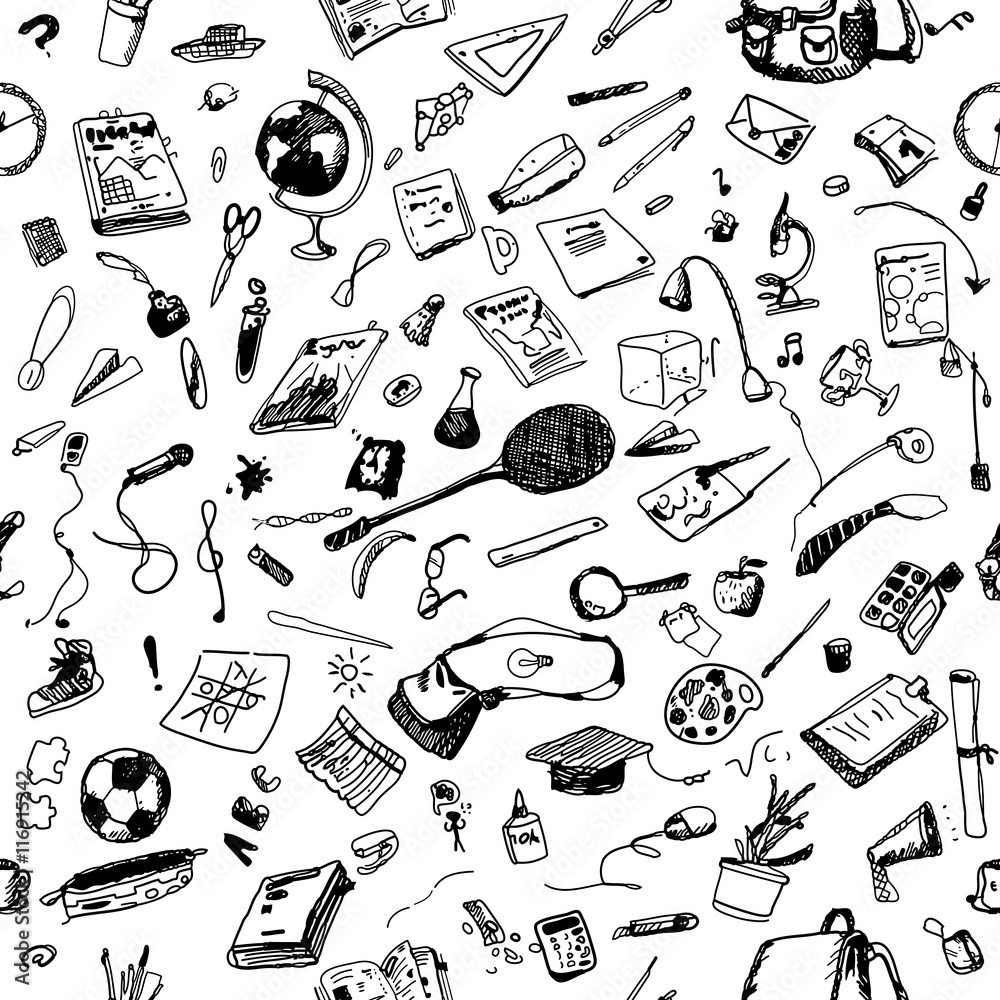 Hand drawn doodle school objects seamless pattern. Black objects, white ...