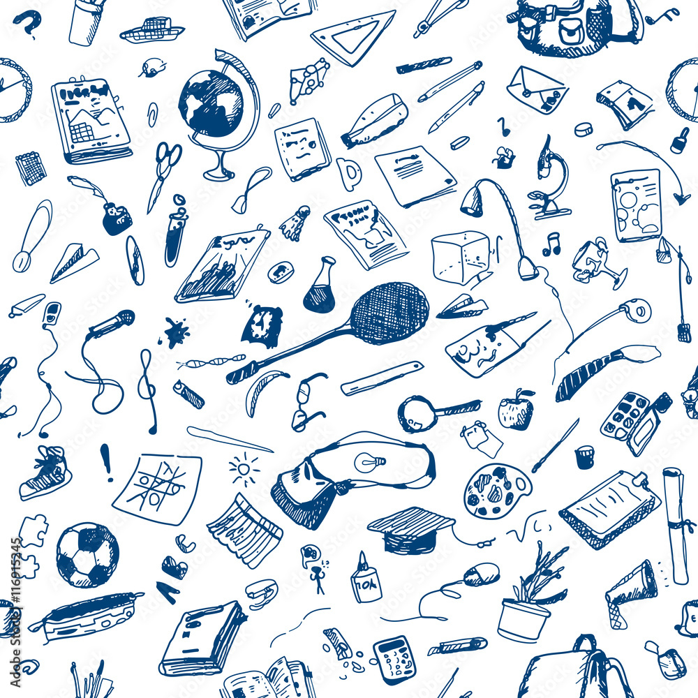 Hand drawn doodle school objects seamless pattern. Blue pen objects ...