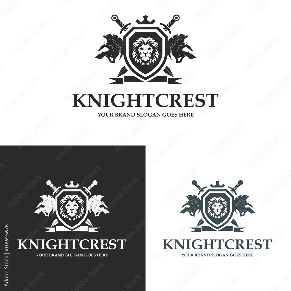 Knight Crest Logo. Heraldic lions with shield, sword and ribbon. Stock ...