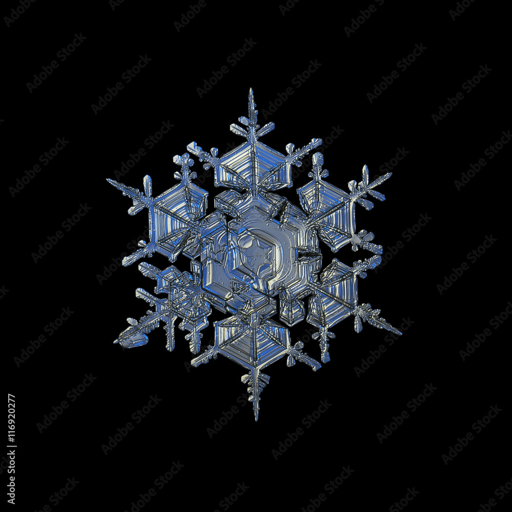 Snowflake isolated on black background. This is macro photo of real ...