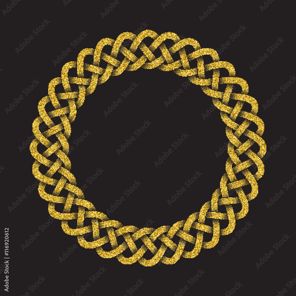 Golden glittering circular braided frame in Celtic style on black ...