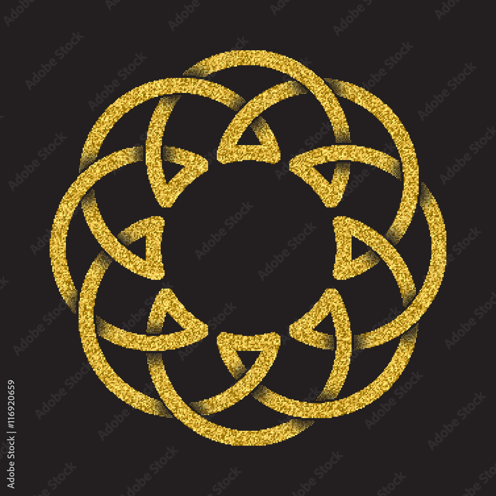 Golden glittering logo template in Celtic knots style on black background. Tribal symbol in ...