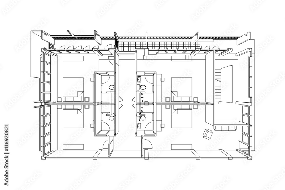 interior architecture abstract, 3d illustration, Top view building ...