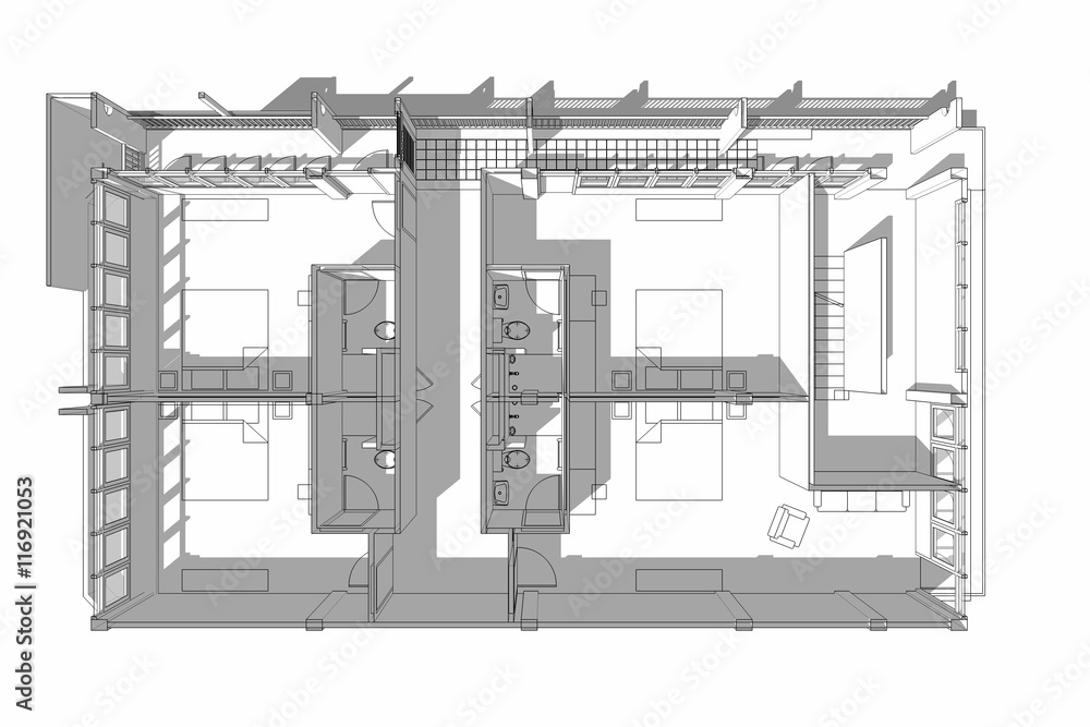 interior architecture abstract, 3d illustration, Top view building ...