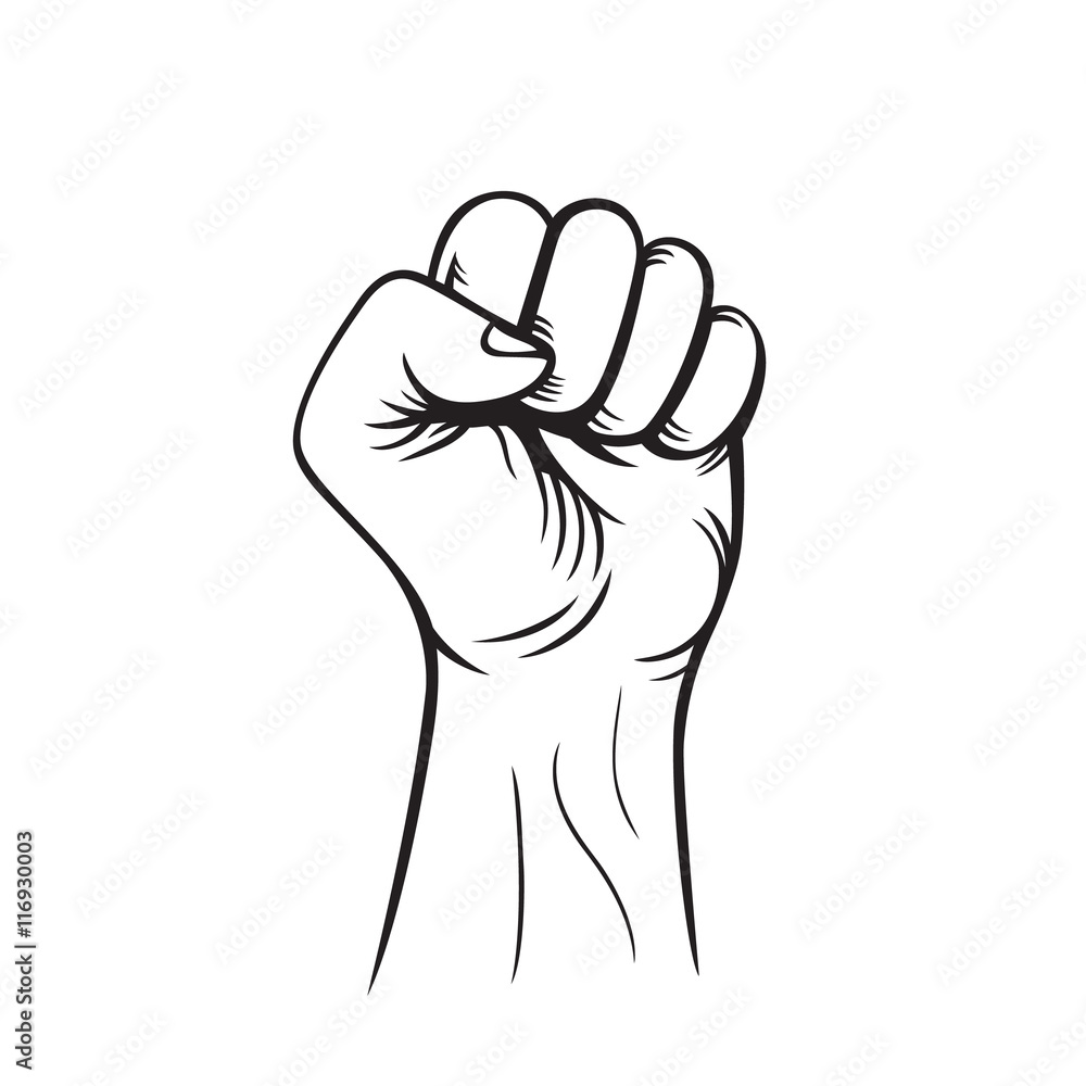 fist held high, outline, protest sign isolated on white, vector ...