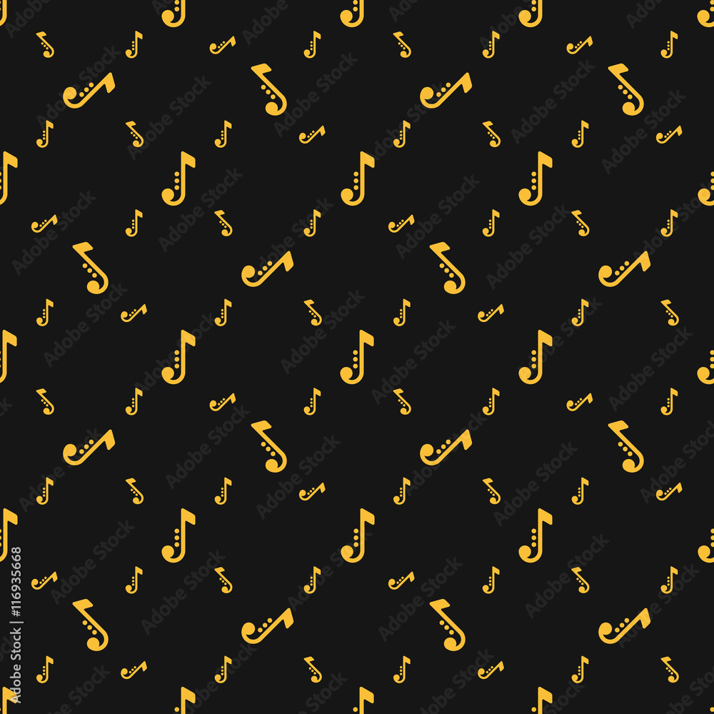 Seamless silhouettes of musical notes pattern over black background ...