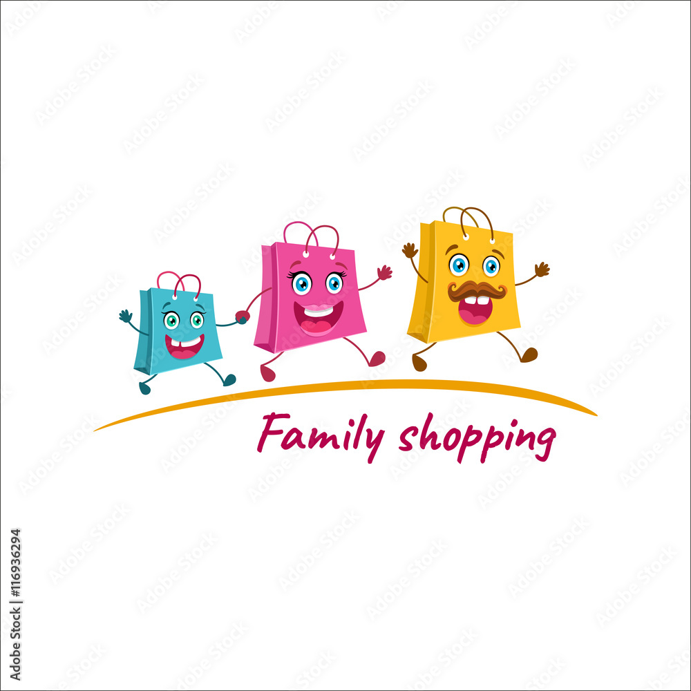 Family shopping logo. Happy shopping bags family running to the store ...