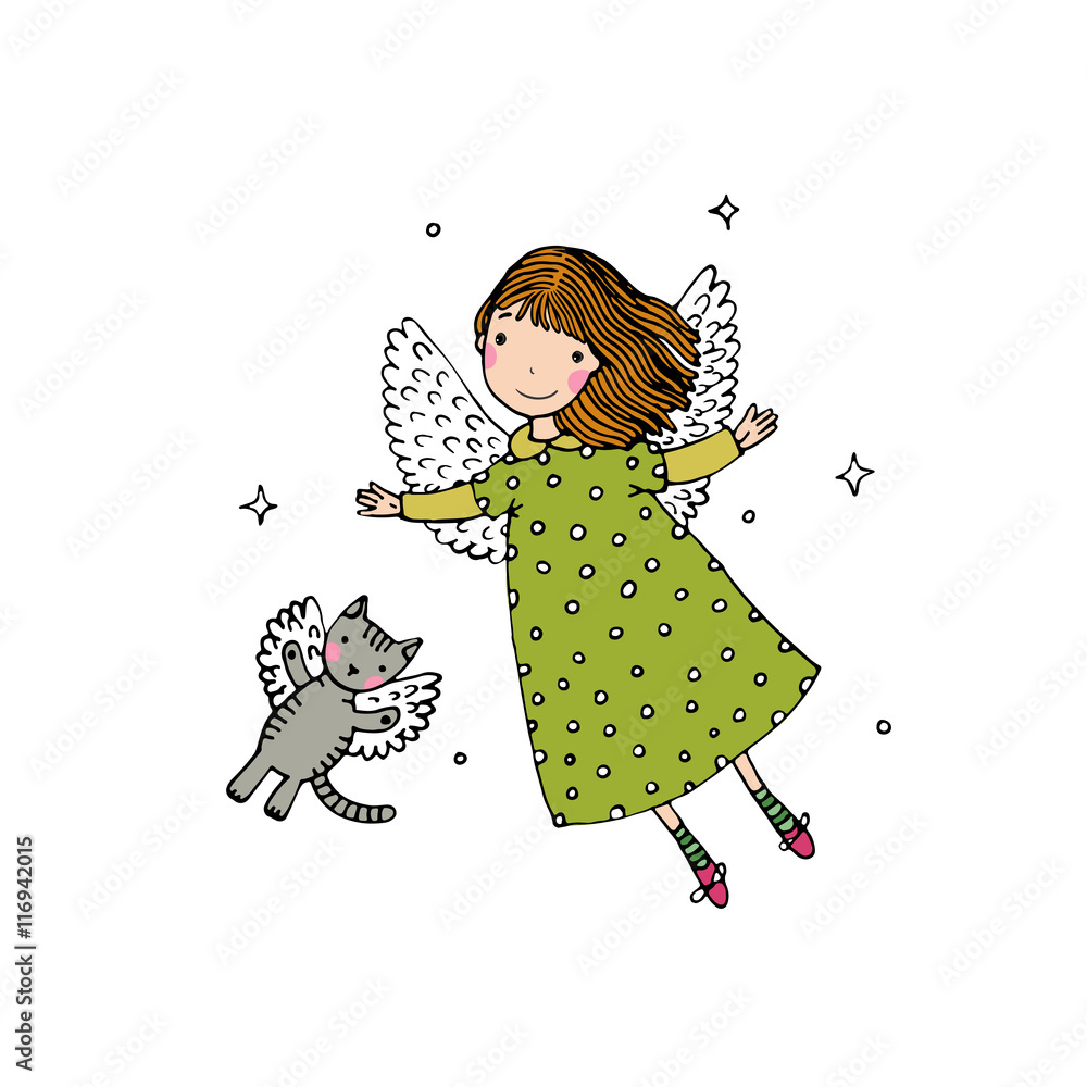 Cartoon angel and cat Stock Vector | Adobe Stock