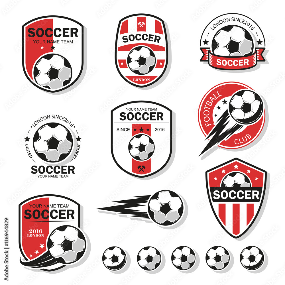 Vector illustration set of logos on football theme, as well as items ...