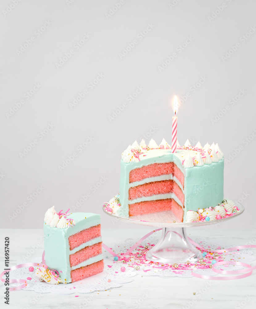 Pastel Blue Birthday Cake with Pink Layers Stock Photo | Adobe Stock