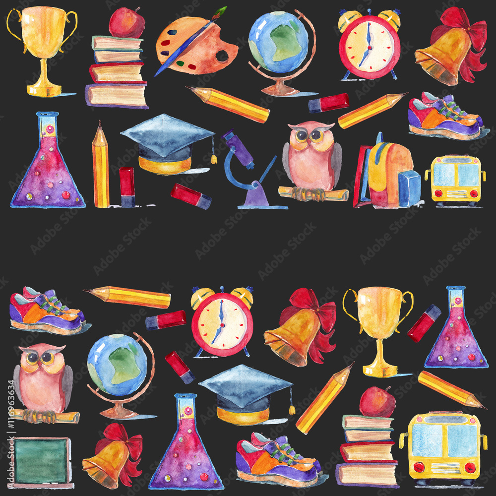 Welcome back to school Watercolor set of icons Stock Photo | Adobe Stock