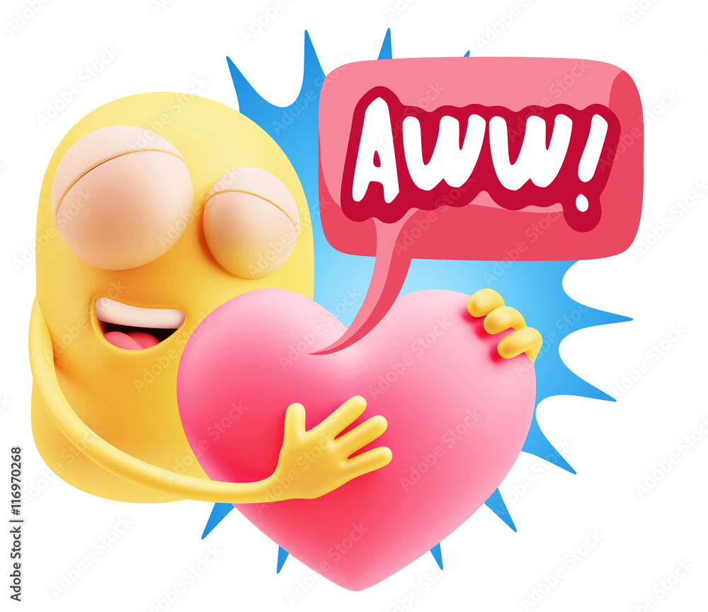3d Rendering. Emoji in love holding heart shape saying Awww with Stock ...