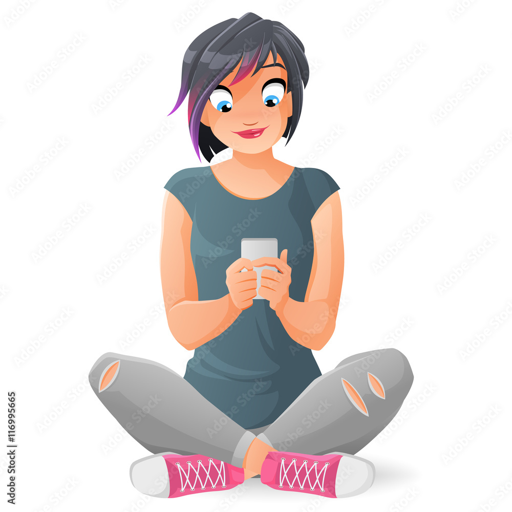 Cute teen girl communicating or texting with her smartphone. Cartoon ...