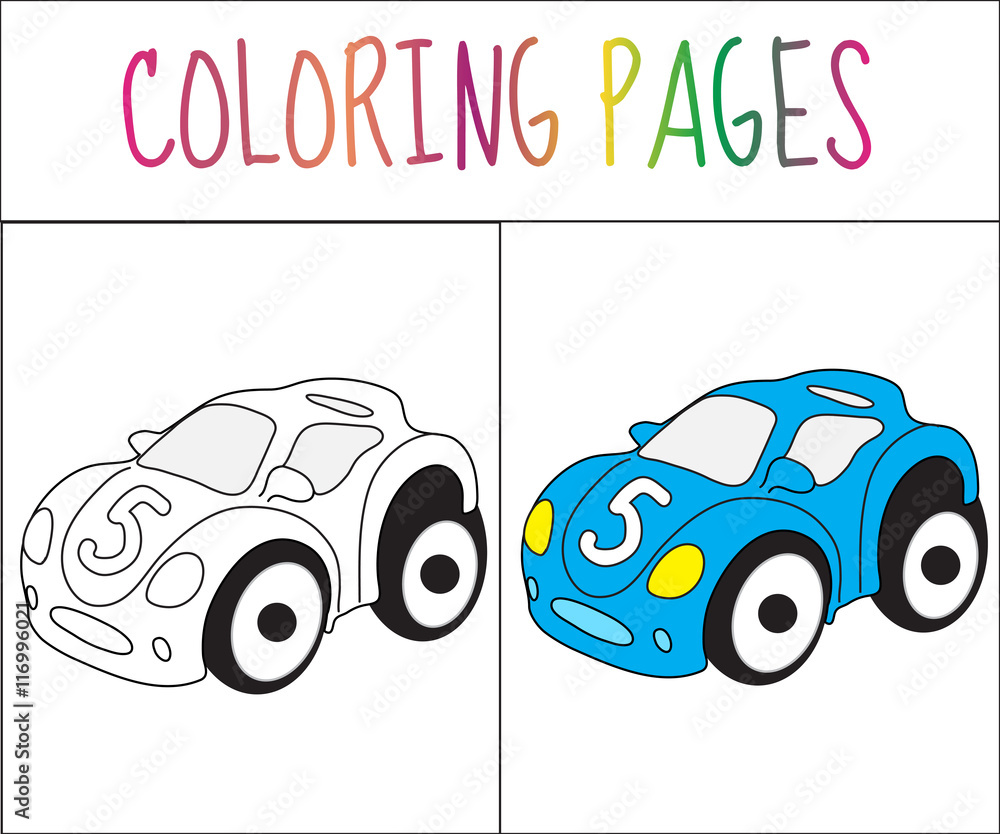 Coloring book page. Toy car. Sketch and color version. Coloring for ...