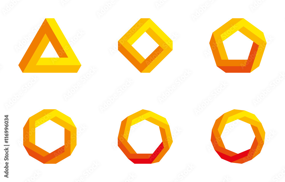Penrose triangle and polygons in yellow and orange colors. Penrose ...
