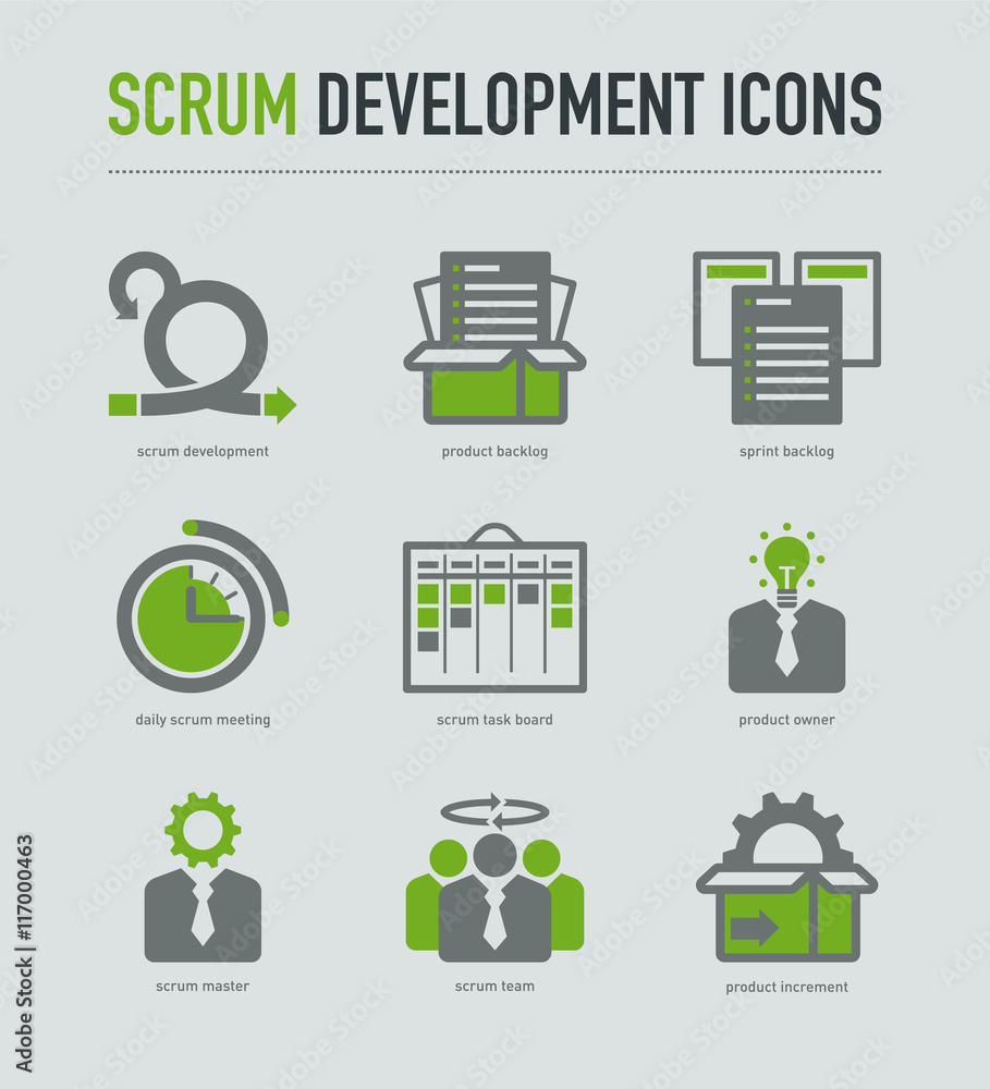 Scrum development methodology icons on light grey background Stock ...