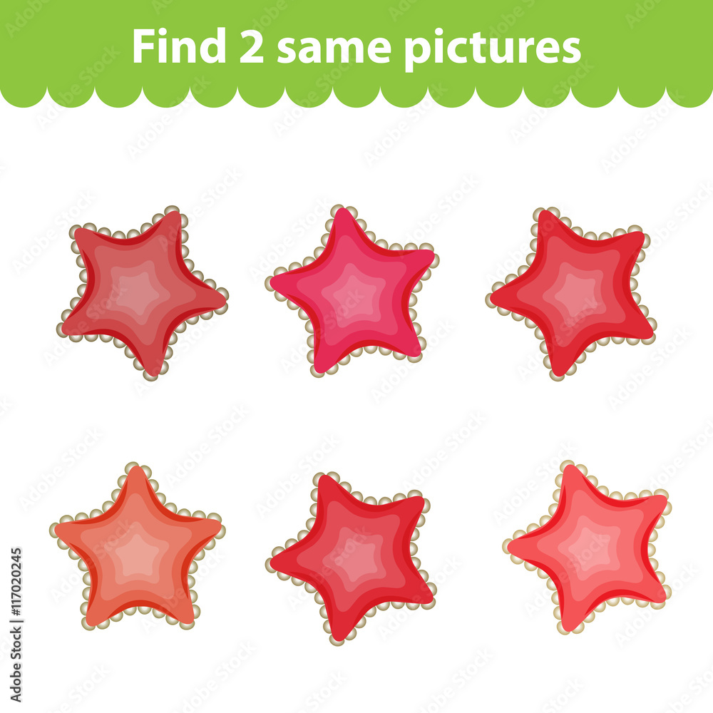 Children's educational game. Find two same pictures. Set starfish for ...
