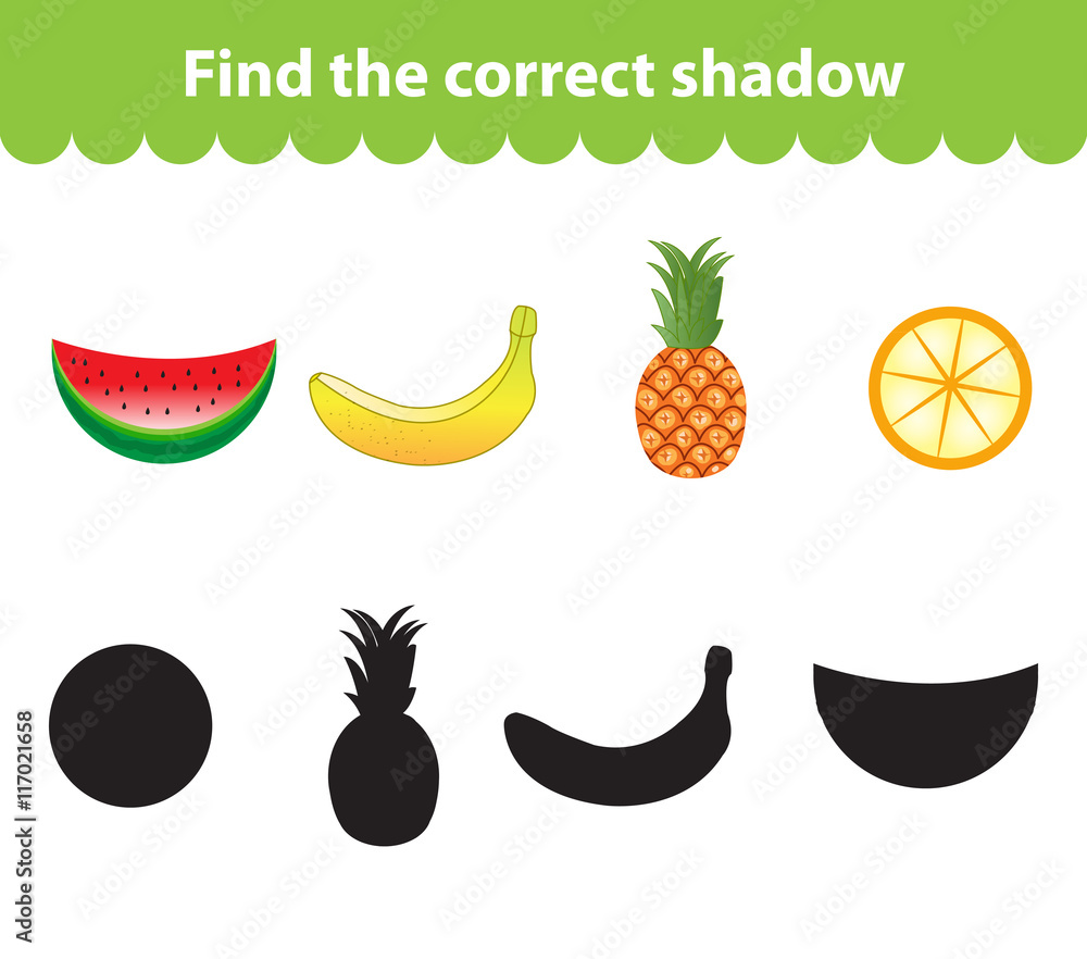 Children's educational game, find correct shadow silhouette. Fruit set ...