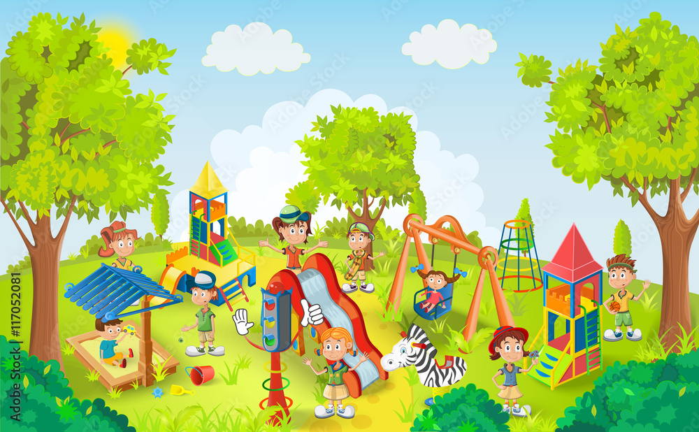 Kids playing in the park illustration Stock Illustration | Adobe Stock