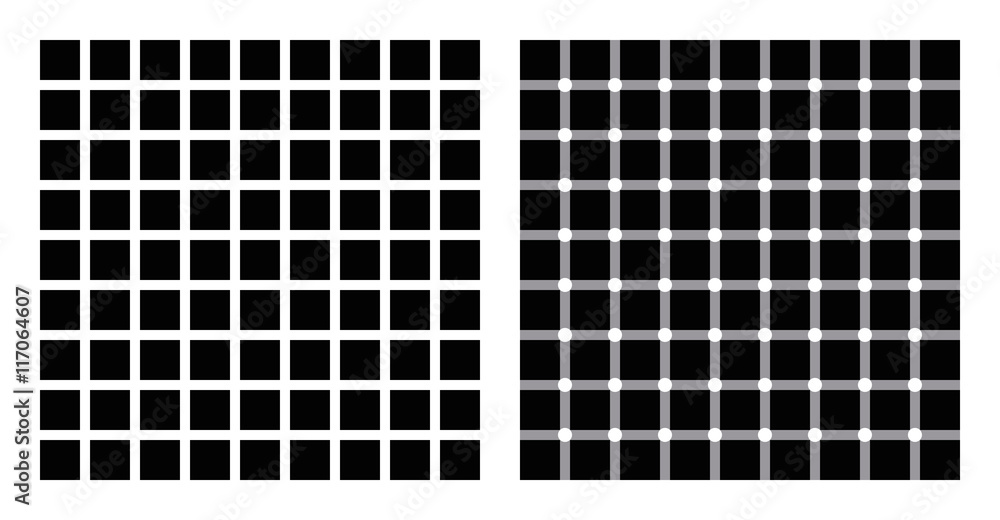 Hermann grid and scintillating grid illusion. In the left figure grey ...