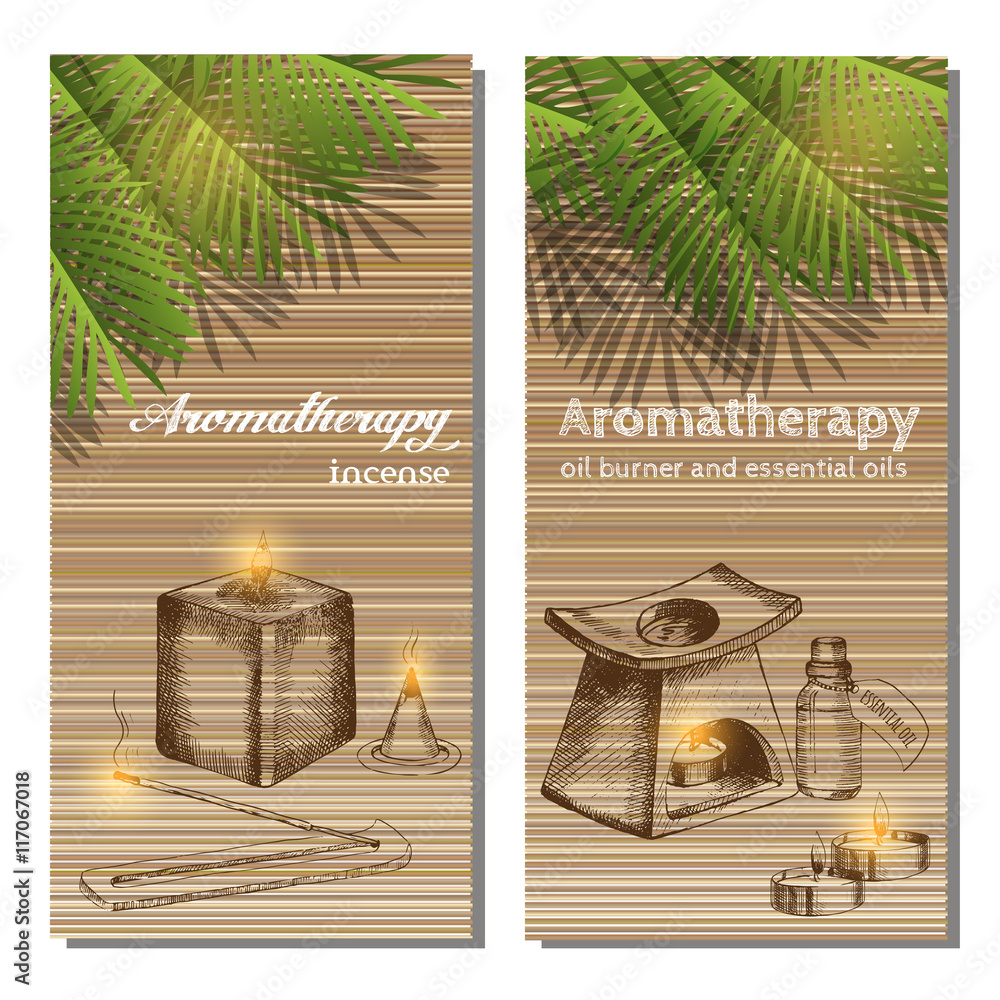 Vector banners with hand-drawn objects for aromatherapy. Sketch. It can ...