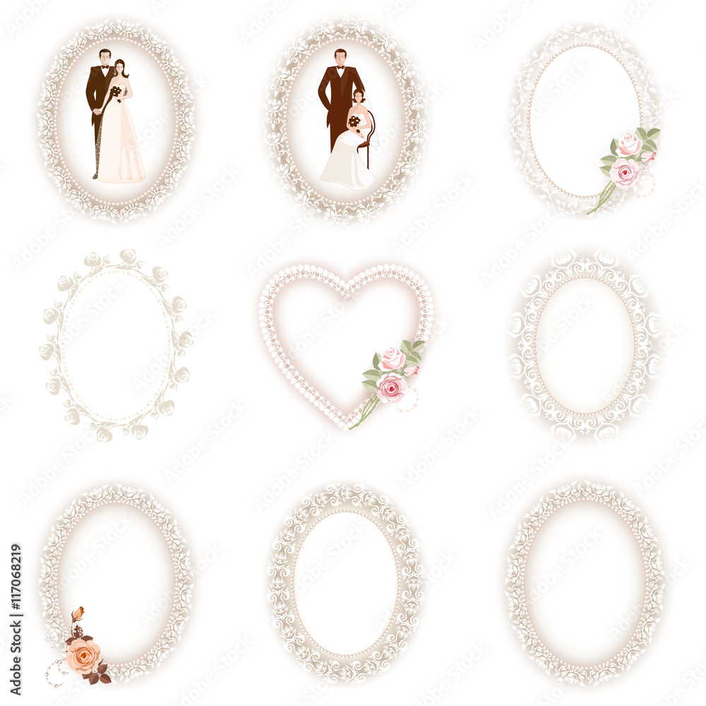 Set of lacy wedding frames with flowers and the bride and groom. This ...