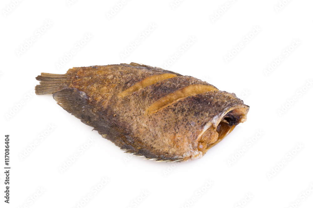 Trichogaster pectoralis, fried salid fish thai food on white bac Stock ...