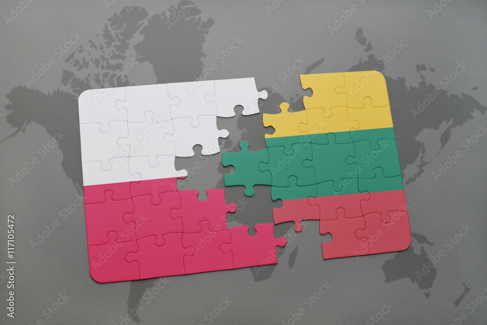 puzzle with the national flag of poland and lithuania on a world map ...