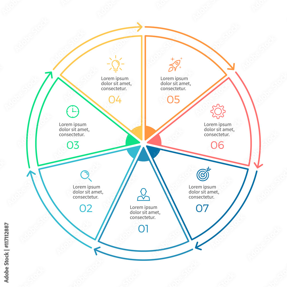 Linear infographics. Pie chart, diagram with 7 steps, options. Stock Vector | Adobe Stock