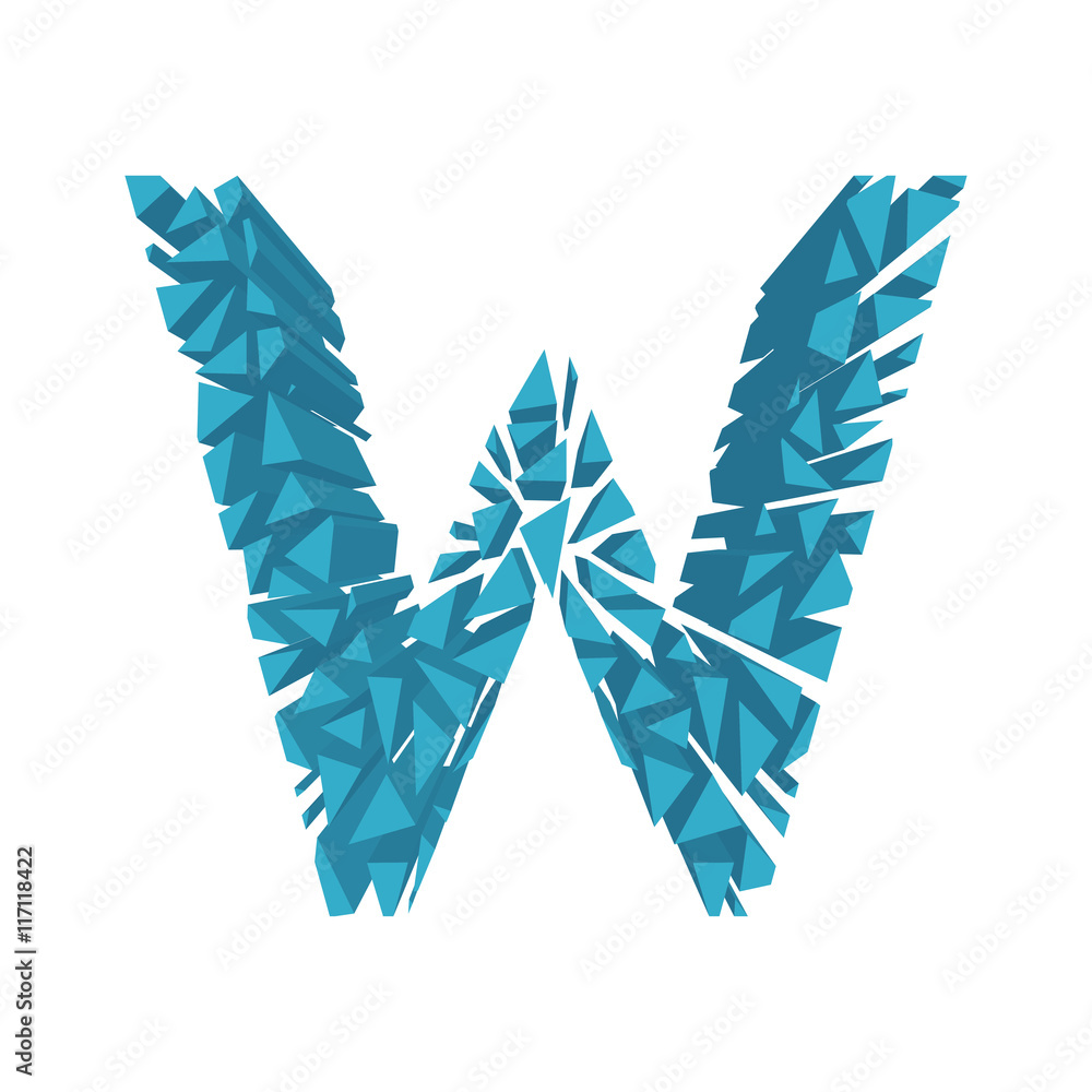 The letter W, in the alphabet broken 3d perspective set blue color ...